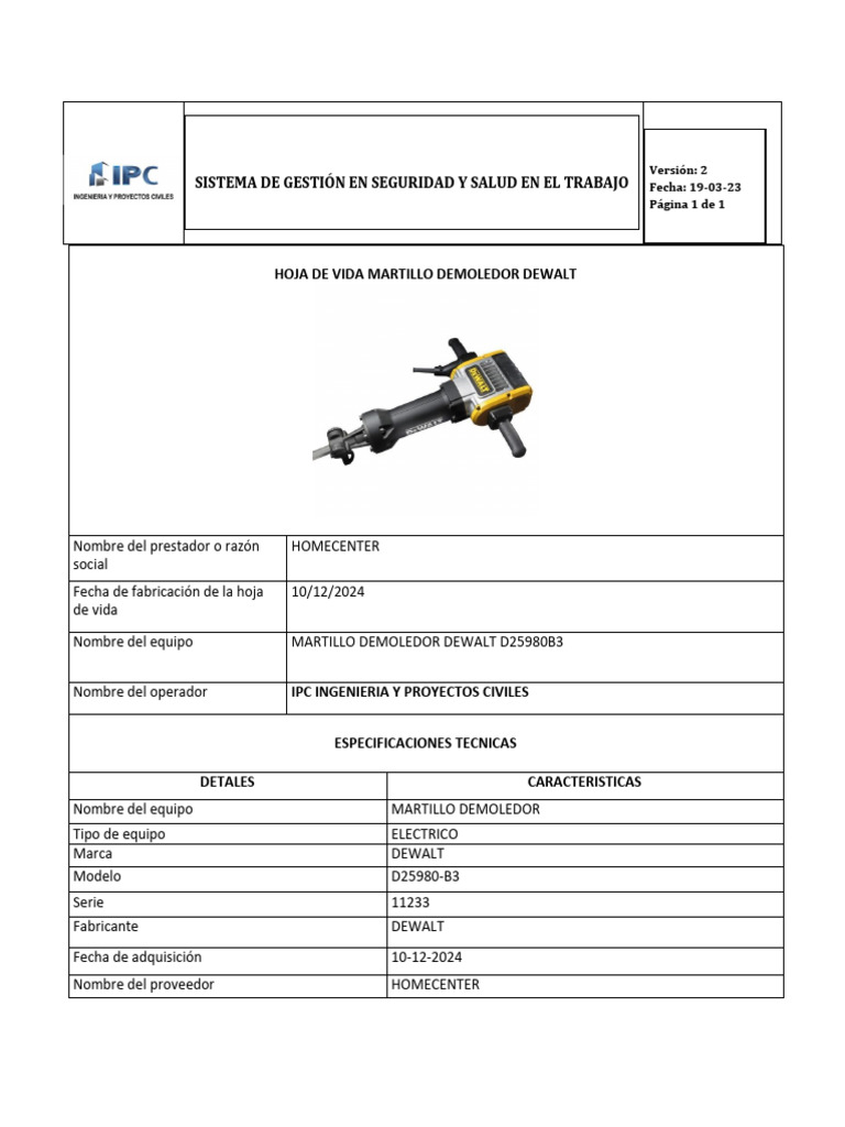 Martillo Demoledor Dewalt D25980-B3: Especificaciones | PDF