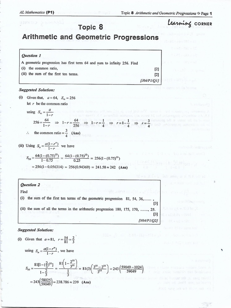 Topic 8 Arithmetic and Geometric Progression (Questions and Solutions) | PDF