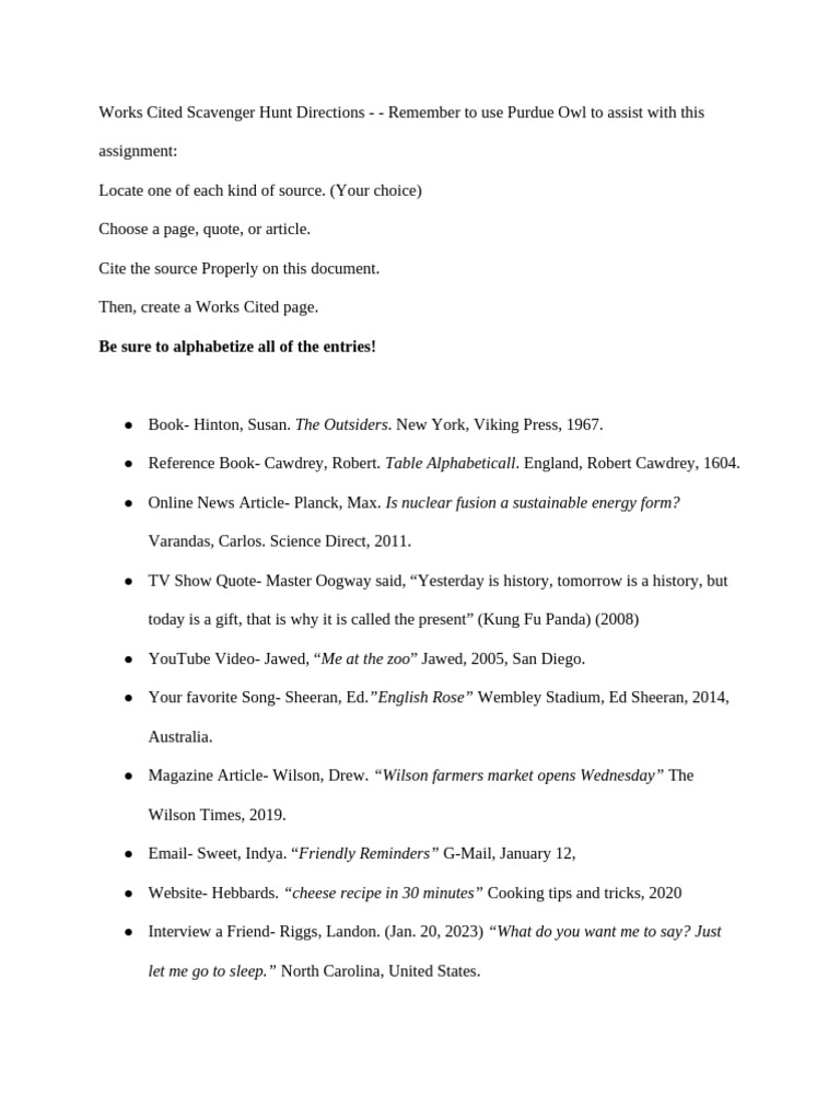 Works Cited Scavenger Hunt - Nic Groesser | PDF