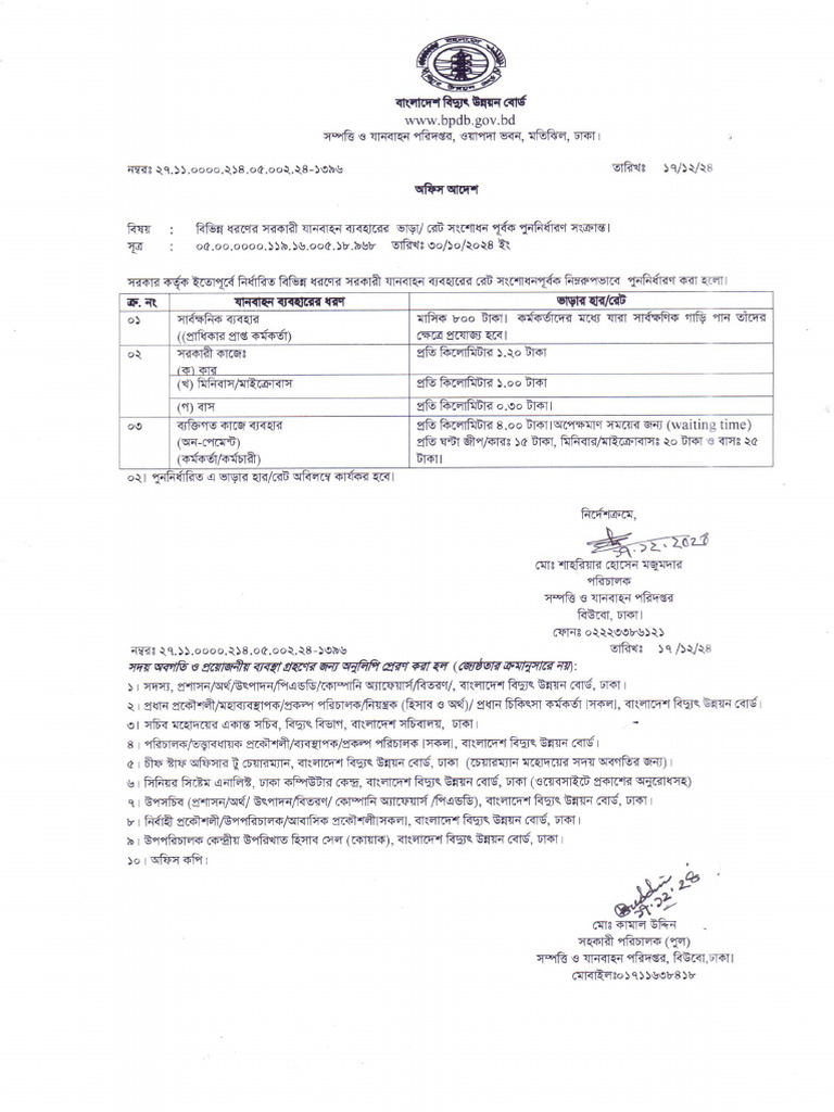 Revised Office Order Fare of Using Vehicle | PDF