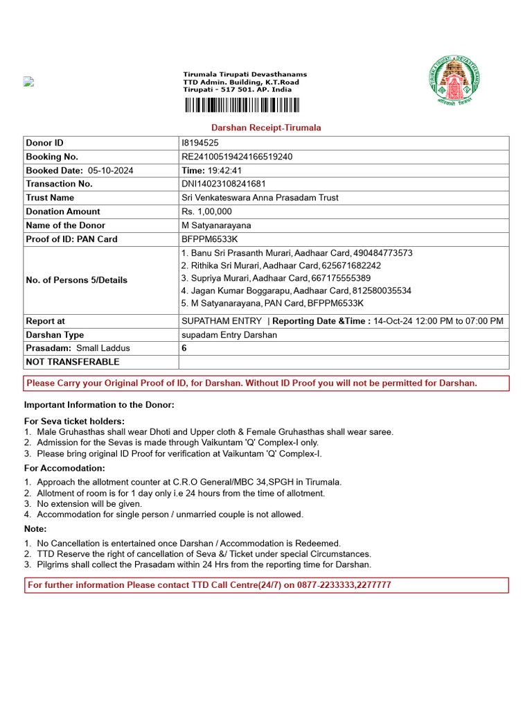 TTD Darshan Receipt | PDF | Vaishnavism