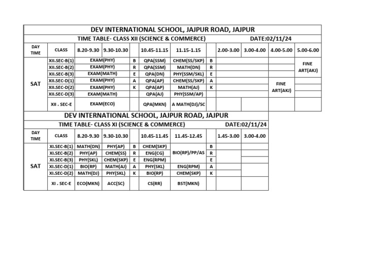 Dev International School Timetable | PDF