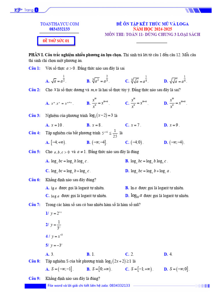 (toanthaycu.com) - Đề sô 01 - Mũ và loga - Đề bài - FORM 2025 V2 | PDF