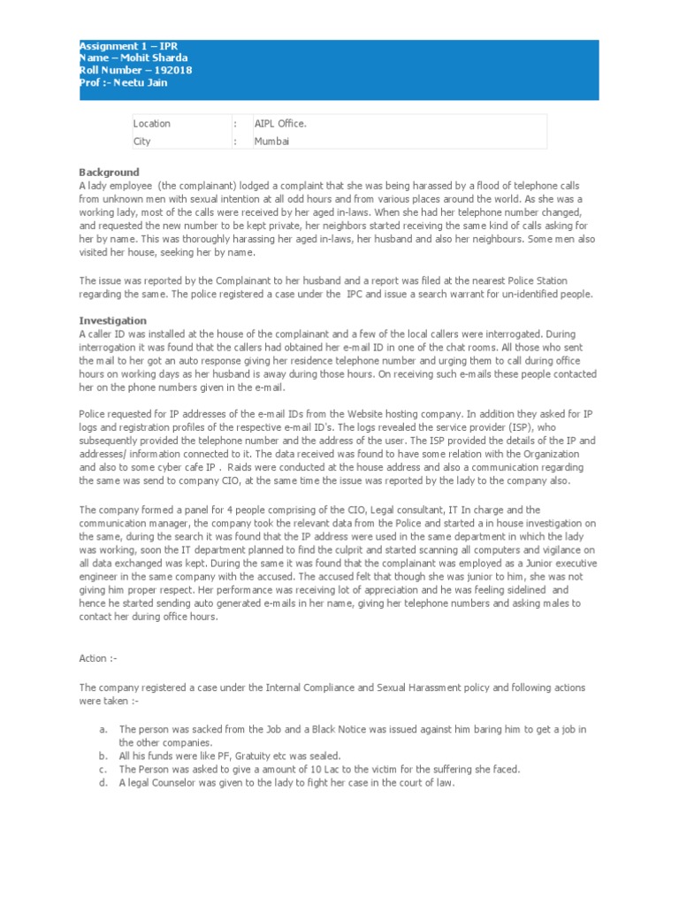 Assignment IPR - Case Study | Download Free PDF | Sexual Harassment | Harassment