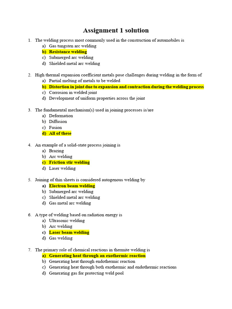 Welding Process Quiz Solutions | PDF