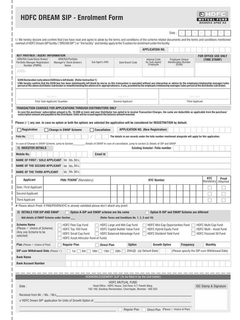HDFC Dream SIP Application Form 270922 | PDF | Investing | Equity (Finance)