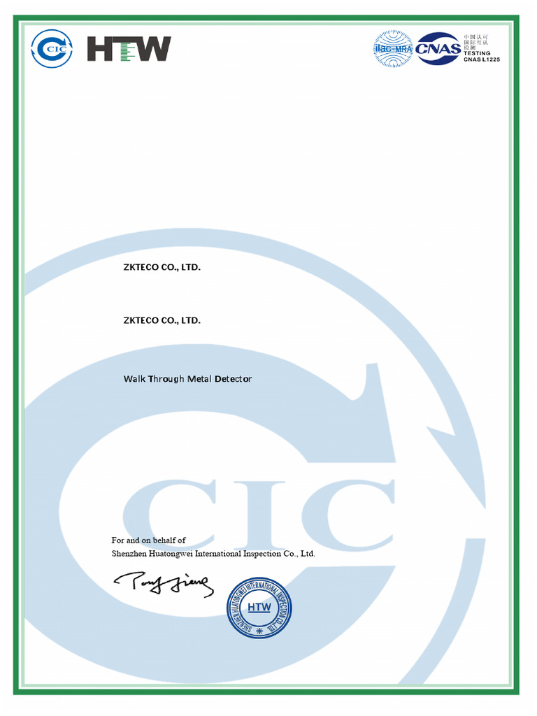 ZKTECO Walk Through Metal Detector Certification | PDF