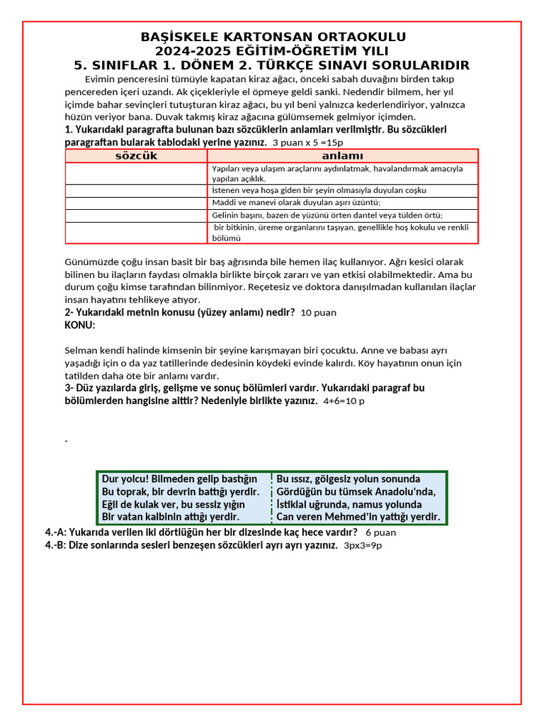 2024 2025 Egitim Ogretim Yili Turkce Dersi 5. Sinif 1. Donem 2. Acik Uclu Sinav 2. Senaryo Reha ...