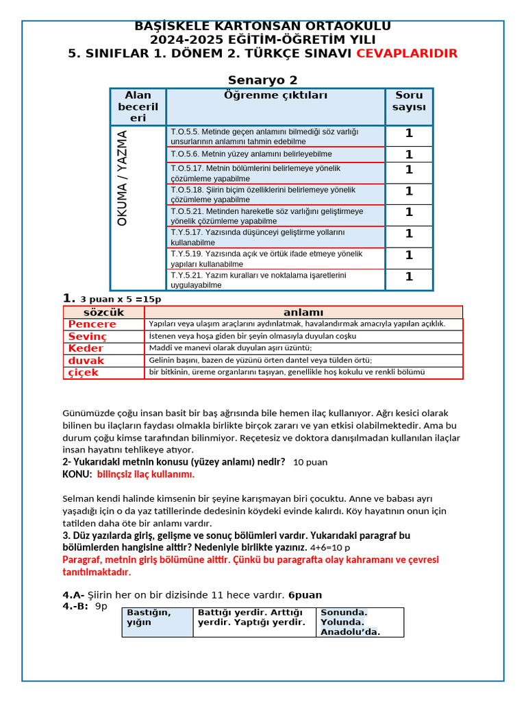 2024 2025 Egitim Ogretim Yili Turkce Dersi 5. Sinif 1. Donem 2. Acik Uclu Sinav 2. Senaryo Reha ...