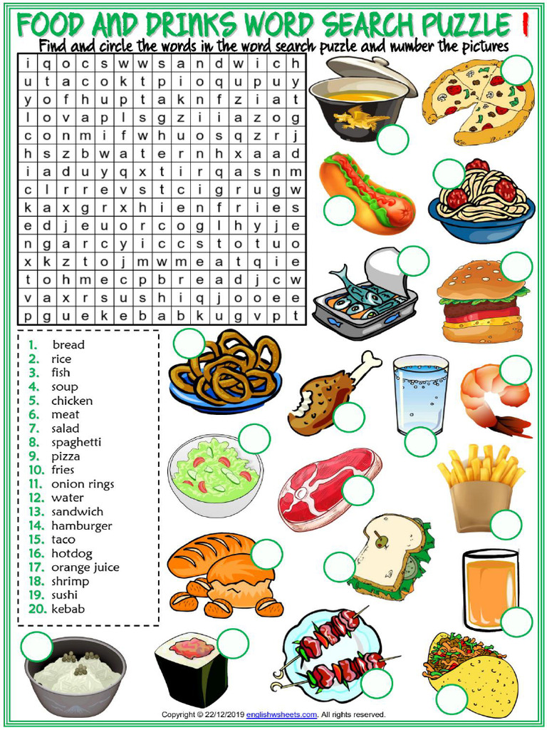 food and drinks vocabulary esl word search puzzle worksheets for kids ...