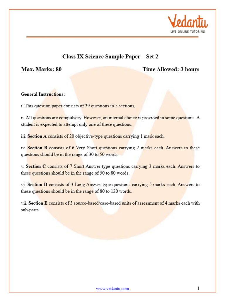 CBSE Class 9 Science Sample Paper Set 2 (2024-25) | PDF | Epithelium ...