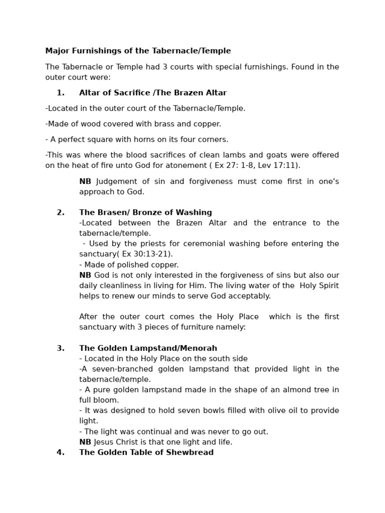 Major Furnishings of the Tabernacle | PDF | Holy Of Holies | Tabernacle
