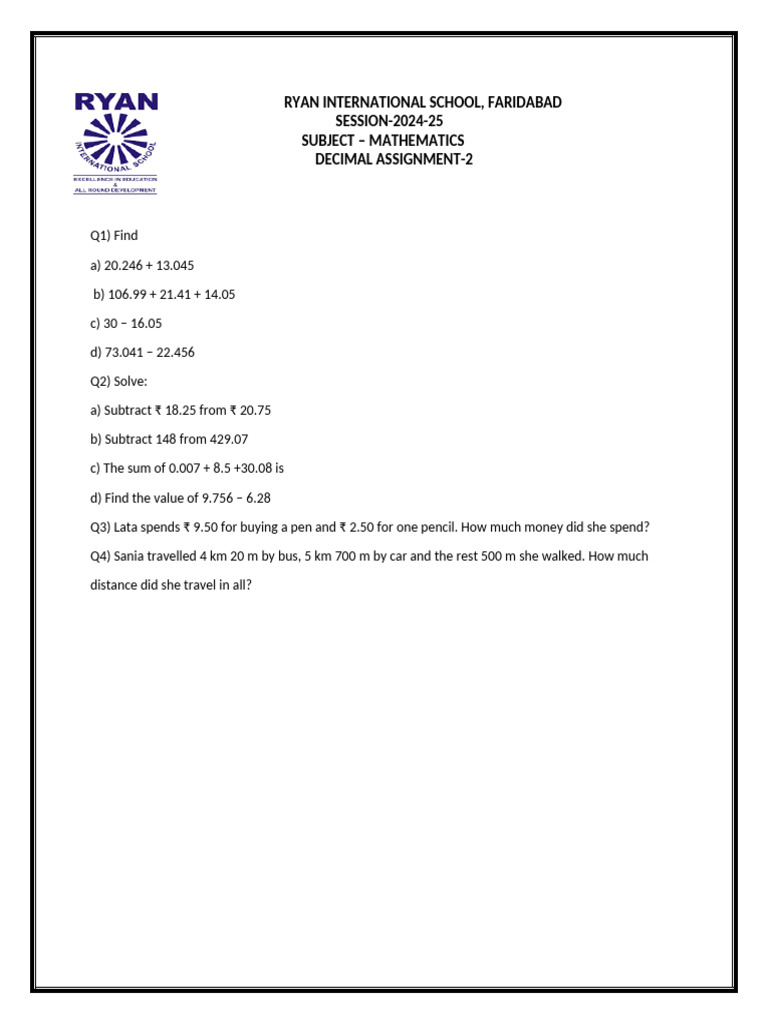 DECIMALS ASSIGNMENT-2 | PDF