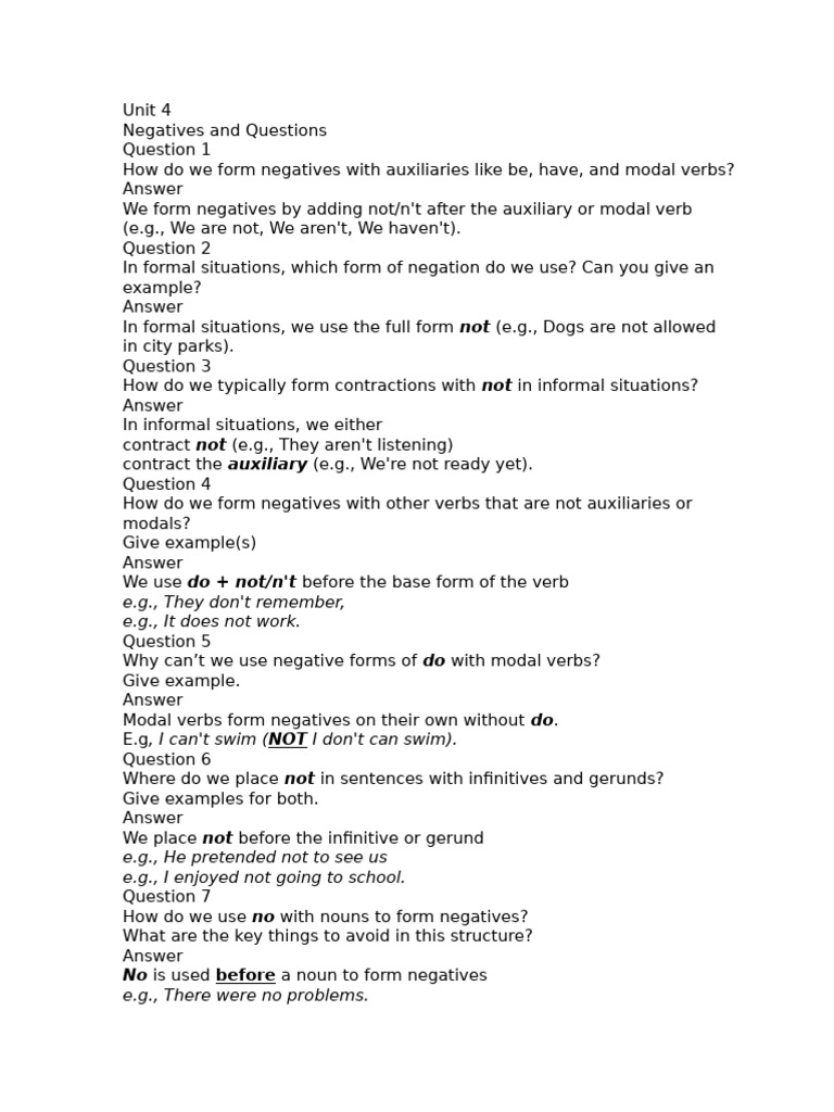 Unit 4 Negatives and Questions - Questions and Answer | PDF | Verb ...