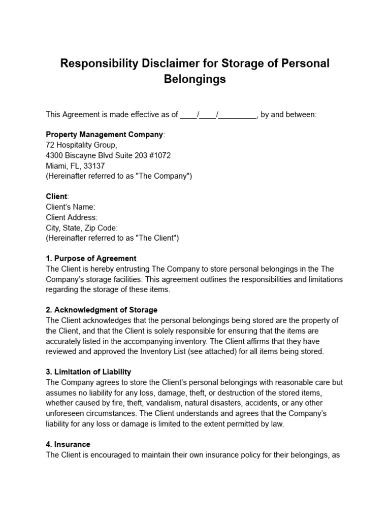 Personal Belongings Storage Disclaimer | PDF | Insurance | Common Law