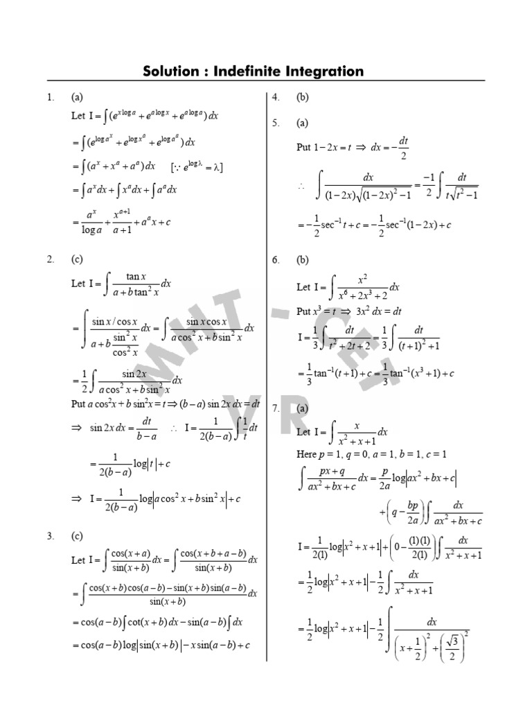 Maths - MHT-CET - Indefinite Integration - Solutions | PDF