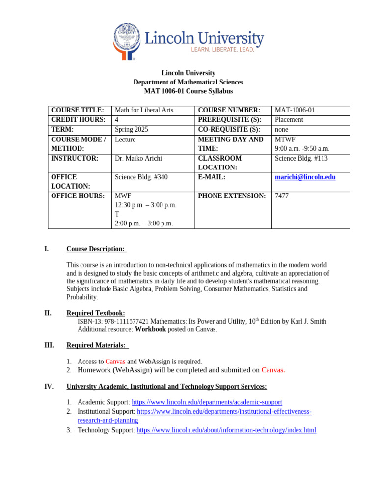 Math for Liberal Arts Syllabus | PDF | Discrimination | Mathematics