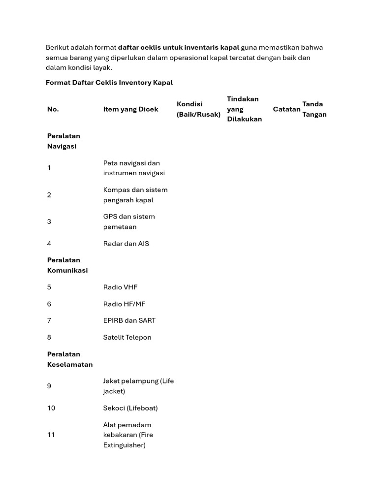 Format Daftar Ceklis Kapal | PDF