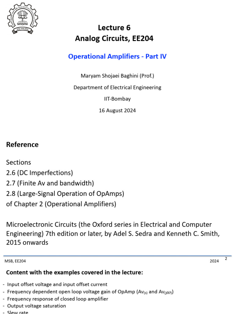 Lecture6 OpAmp PartIV EE204 MSB 2024 | PDF | Operational Amplifier | Amplifier