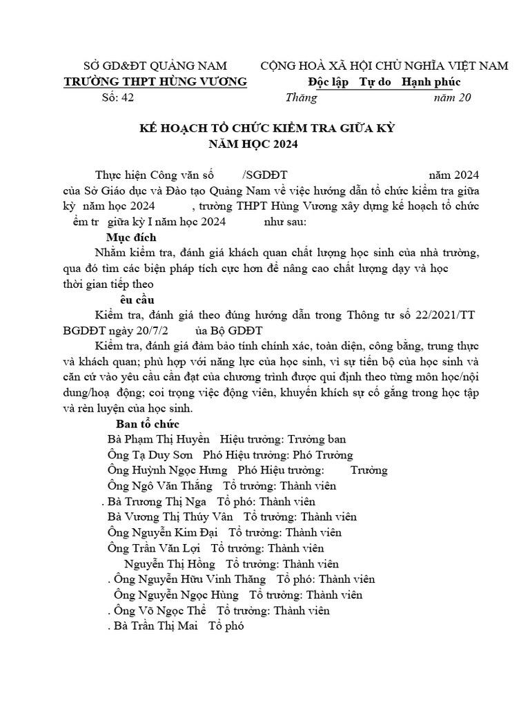 Ke Hoach Kiem Tra Giua Ky 1 Nam Hoc 2024 - 2025 | PDF
