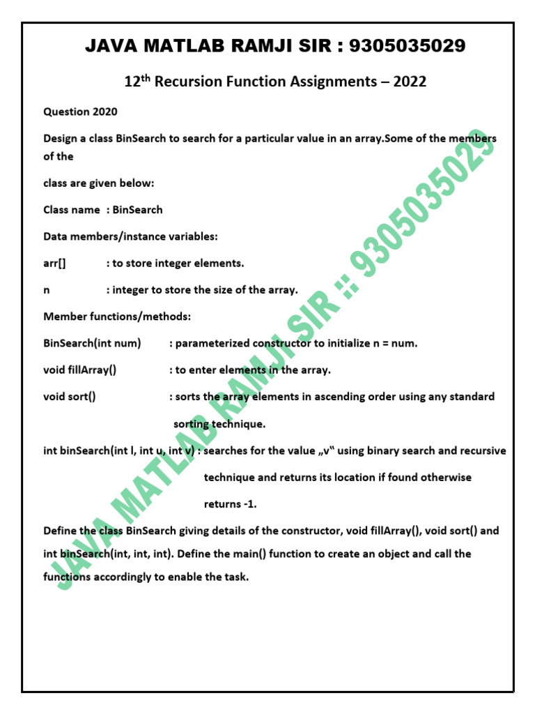 12th Recursion Function Assignments Year Wise 24708739 Pdf Method Computer Programming
