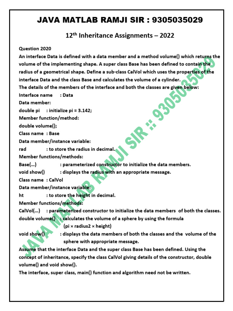 12th Inheritance Assignments Year Wise - 24770473 | PDF | Constructor (Object Oriented ...