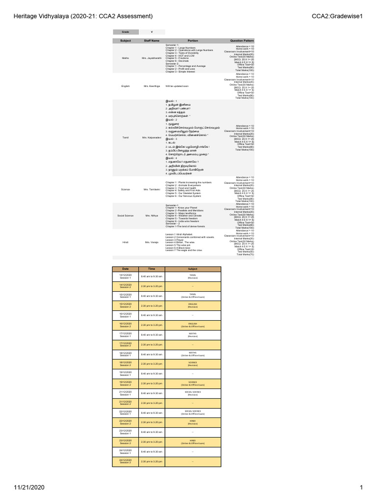 Heritage Vidhyalaya (2020-21 - CCA2 Assessment) - Grade V | PDF | Linguistics | Languages