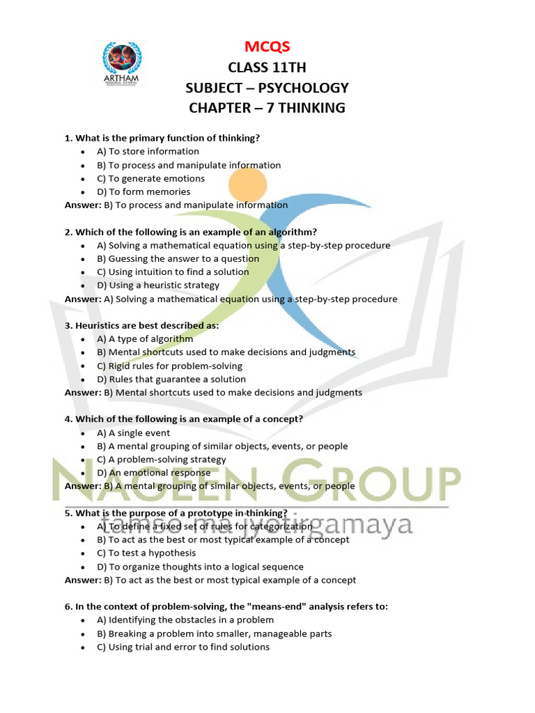 Class 11 Psychology Chapter 7 MCQs | PDF | Heuristic | Thought