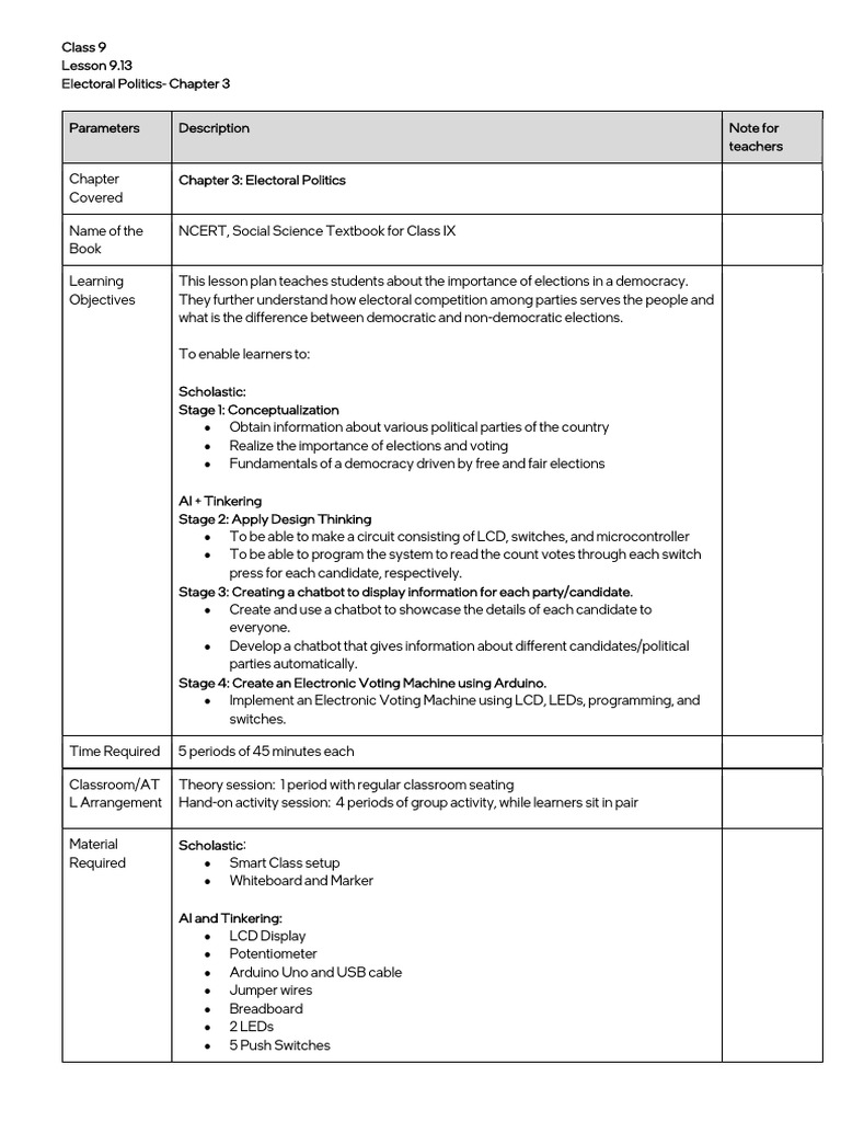 Class 9 Electoral Politics Lesson Plan | PDF | Artificial Intelligence ...