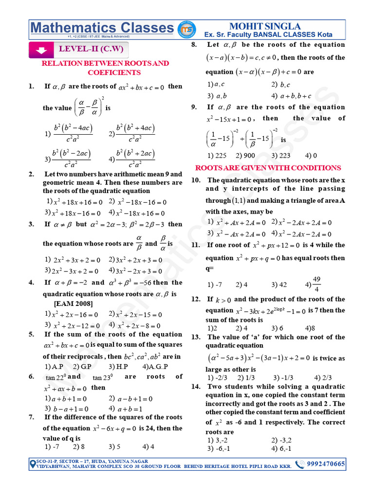 (5) Level-II (c.w) (Quadratic Eqts & Expressions) | PDF | Equations | Quadratic Equation