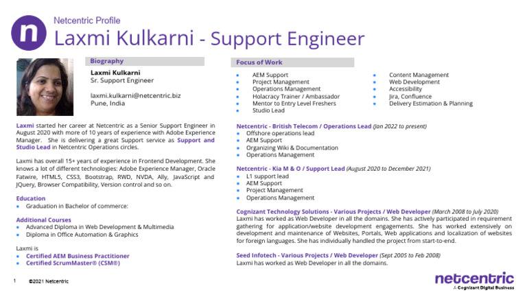 One Page Profile - Laxmi Kulkarni - Senior Support Engineer | PDF | Web ...
