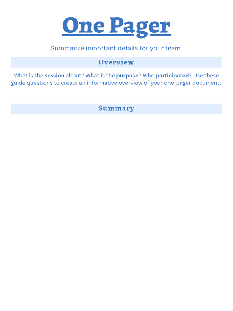 One Pager Doc in Blue Light Blue Black and White Classic Professional ...