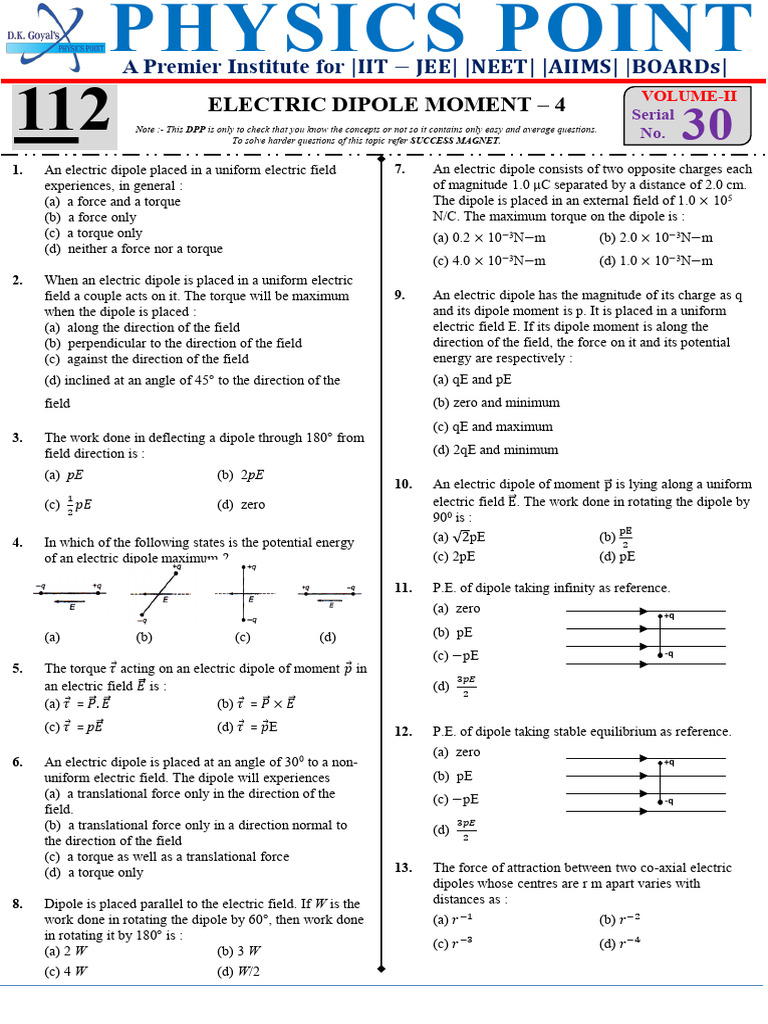 ES DPP 30 (Electric Dipole Moment-4) | PDF | Dipole | Torque