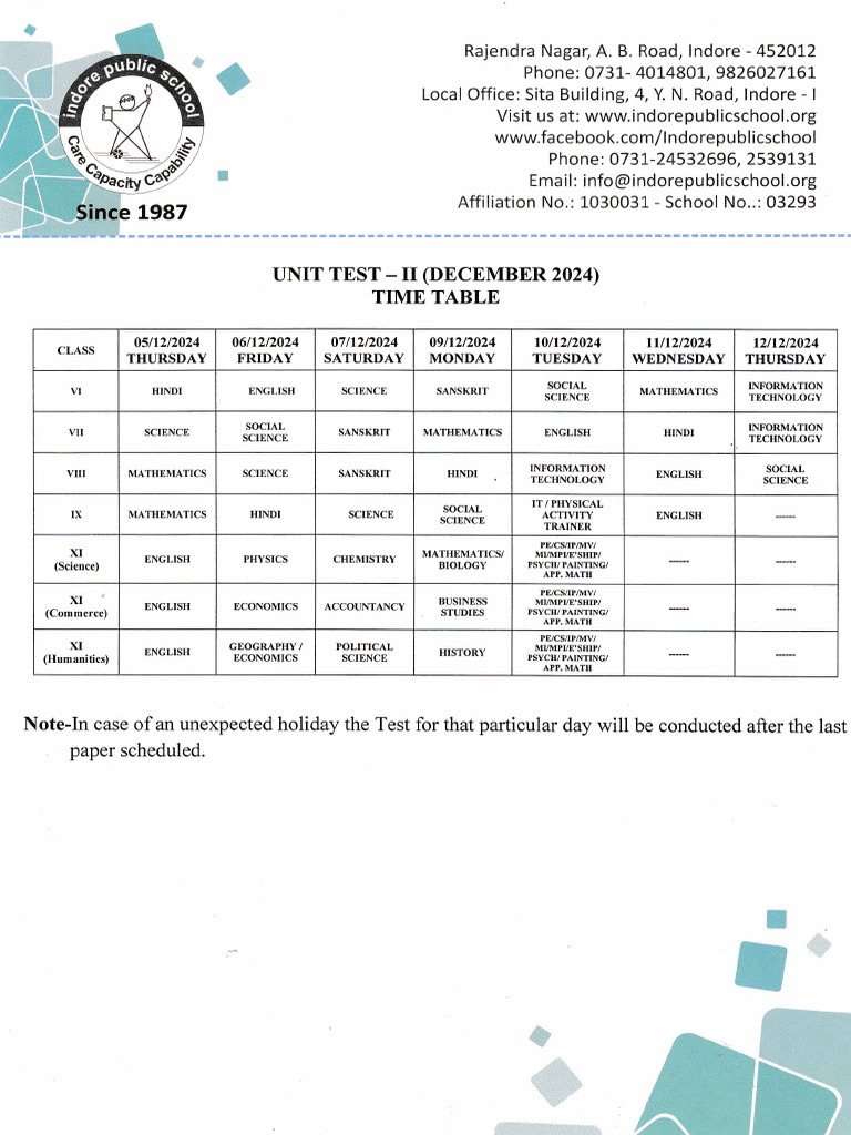 TIME TABLE UNIT TEST December 2024 (VI To IX & XI) | PDF