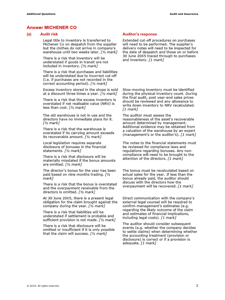 AA AQB - Michener Co - Answer | PDF | Auditor's Report | Audit