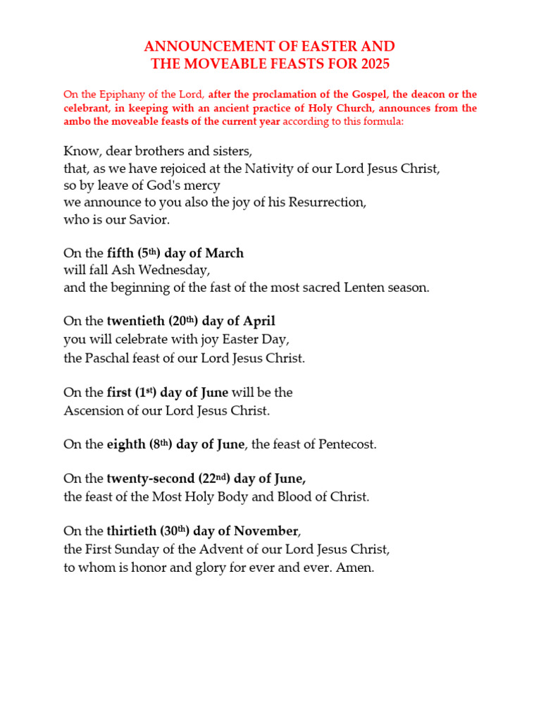 2025 Epiphany Proclamation Moveable Feasts Tag and Eng | PDF