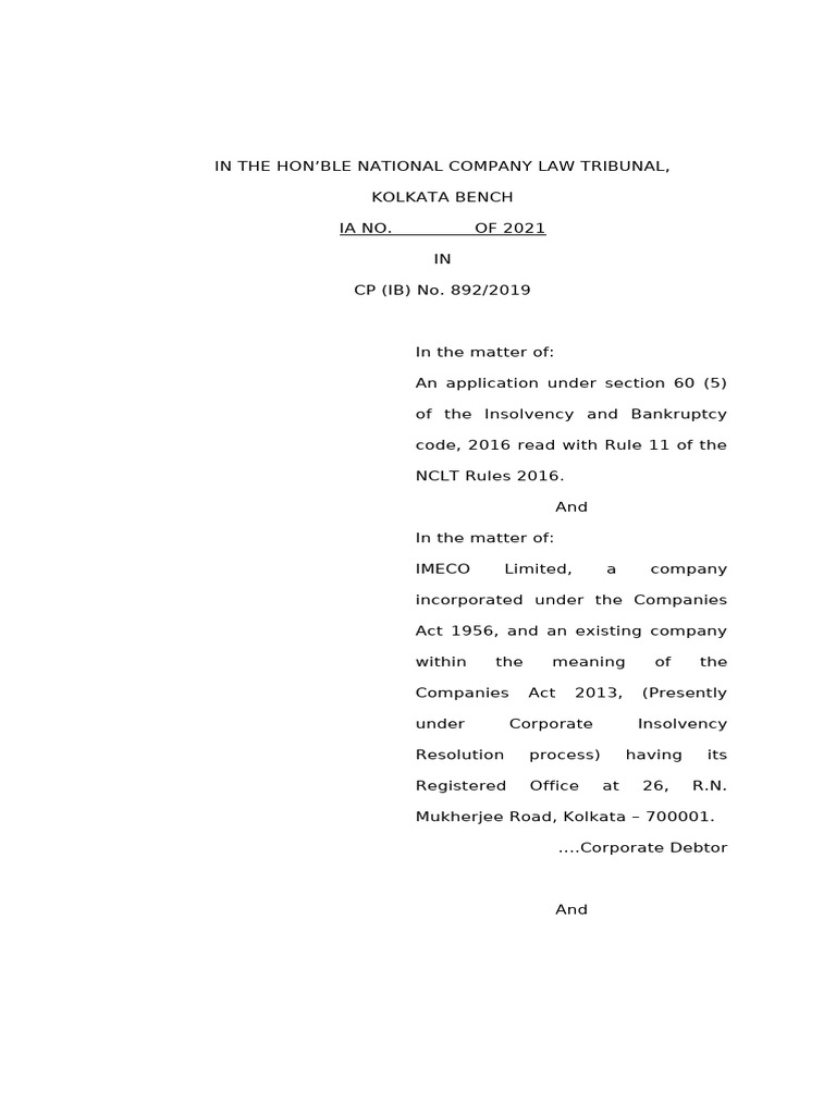 APPLICATION NCLT Section 60 (5) IBC | PDF | Bankruptcy | Insolvency