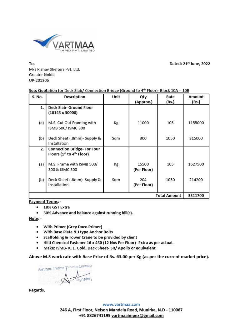 Quotation for Deck Slab & Bridge Installation | PDF