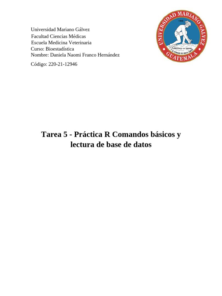 Tarea 5 - Práctica R - Comandos Básicos y Lectura de Base de Datos | PDF | Medicina | Cuidado de ...