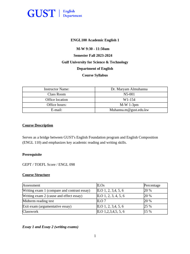 ENGL100 Academic English Syllabus 2023 | PDF | Academic Dishonesty | Essays