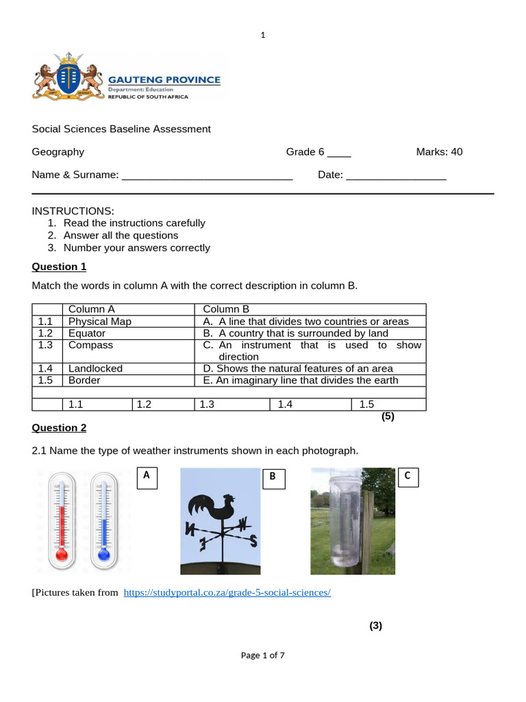 Grade 6 Geography Baseline Assessment Project | PDF | Geography | Earth ...