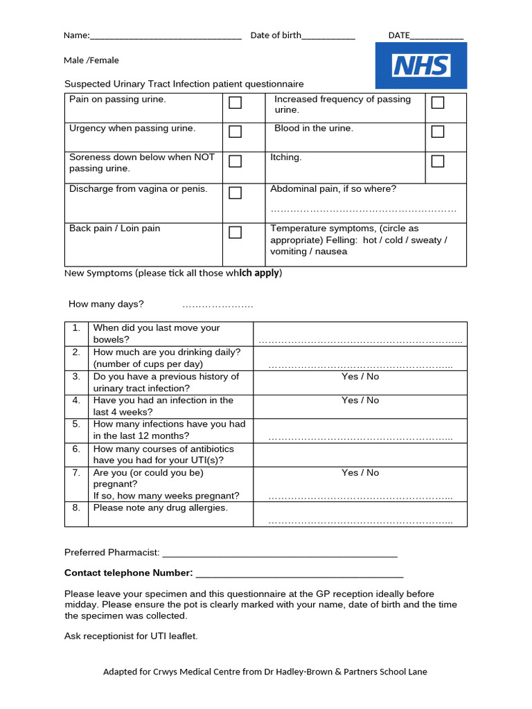 CMC - Suspected UTI Questionnaire | PDF | Urinary Tract Infection ...