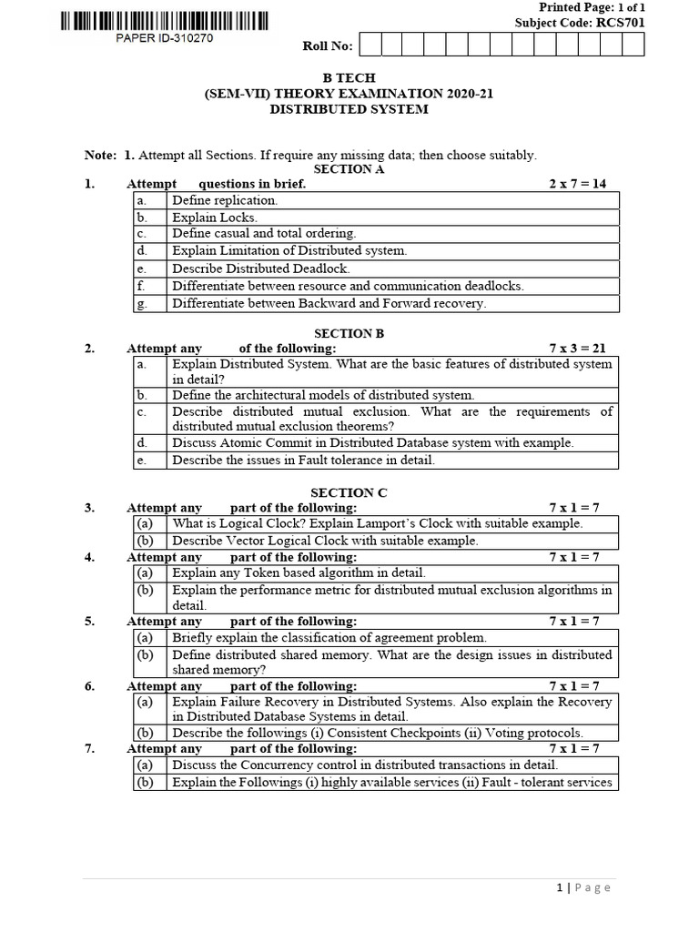 Btech Cs 7 Sem Distributed System Rcs701 2021 | PDF | Distributed Computing | Information Technology