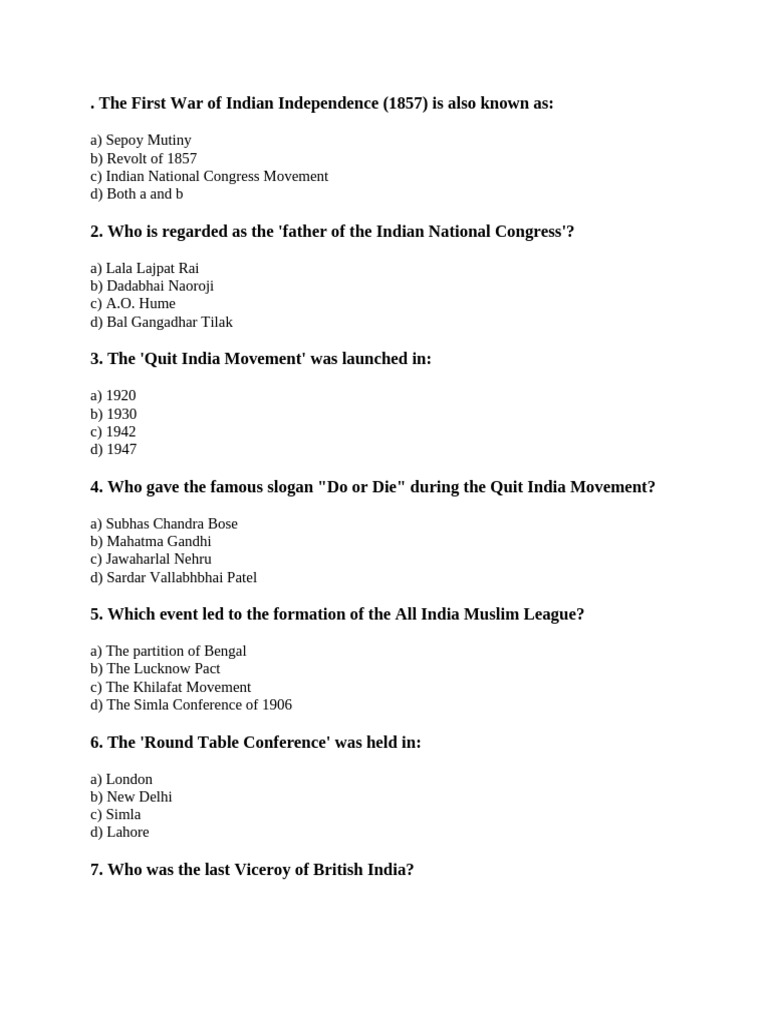 Indian Independence Movement MCQs | PDF | Indian Independence Movement ...