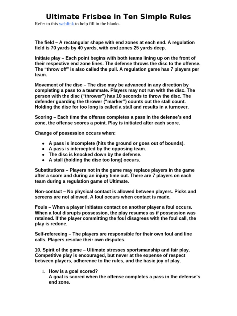 Copy of ultimate frisbee rules worksheet Gabriel Leonet | PDF ...