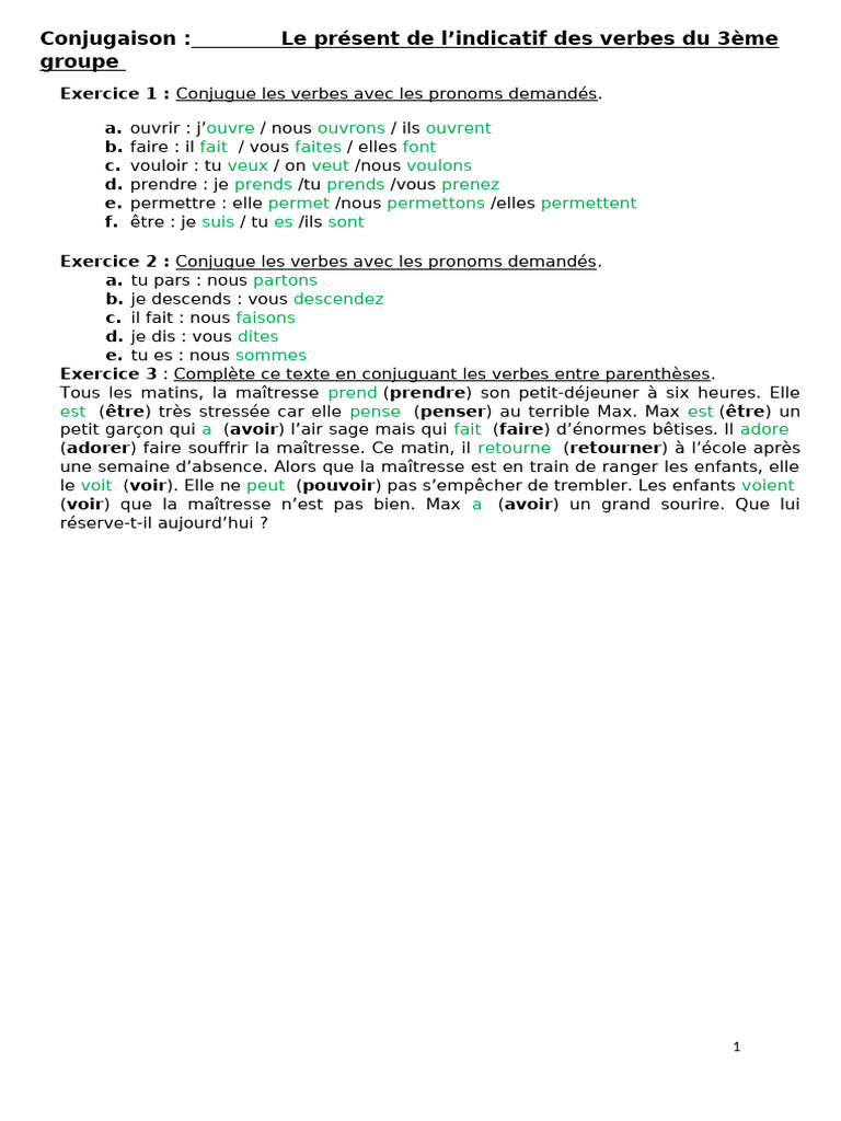 Présent de l'indicatif 3ème groupe | PDF