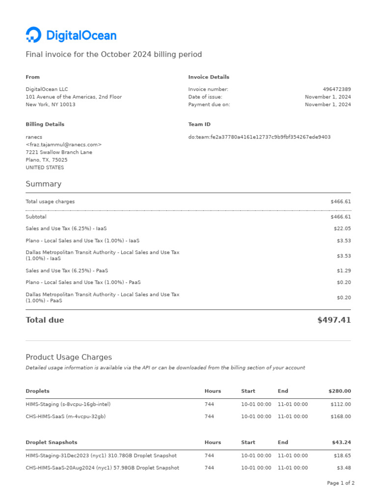 DigitalOcean Invoice 2024 Oct (1590998-496472389) | PDF | Data ...