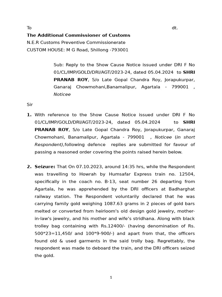 Pranab Roy Custom Matter SCN REPLY | PDF | Burden Of Proof (Law) | Search And Seizure