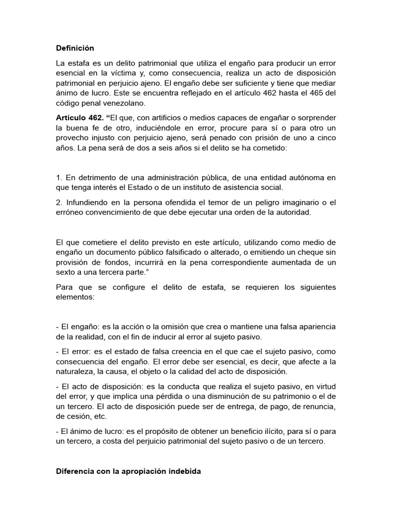 Definición y elementos de la estafa | PDF | Bienes (Ley)