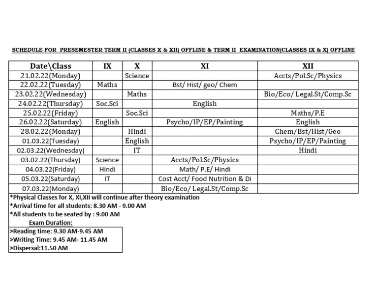 Date Sheet Term II 9-12 | PDF
